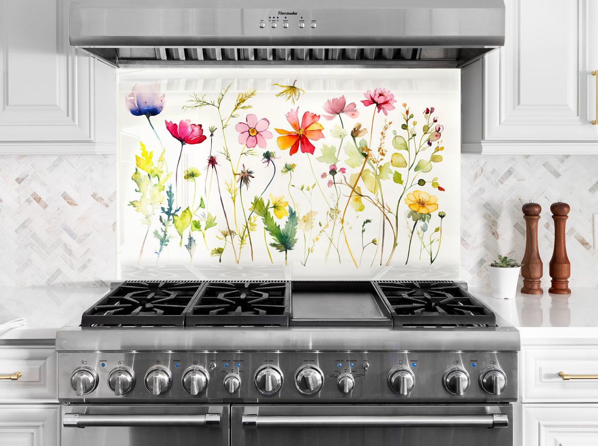 Wild Meadow Bloom – Watercolor Floral Glass Kitchen Backsplash ...