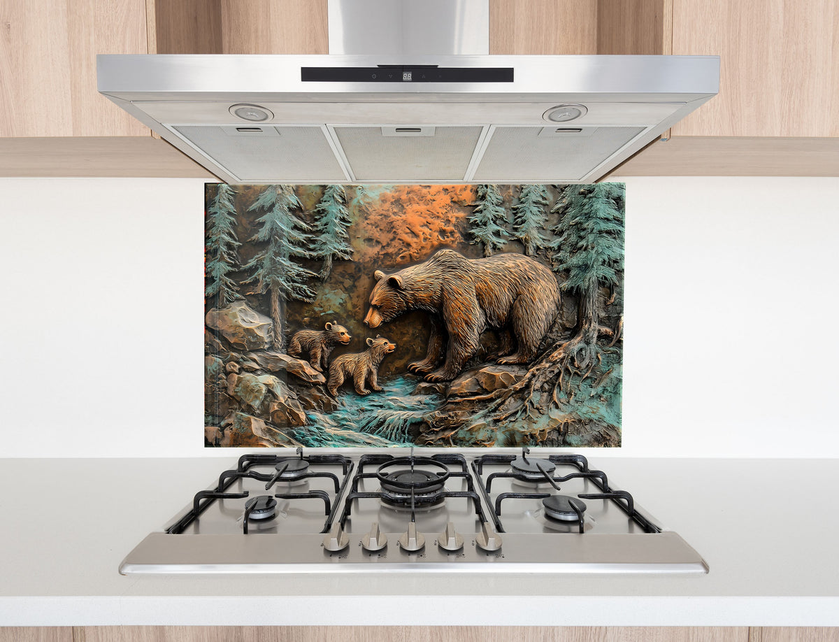 Bear Family in Forest Stream – Glass Kitchen Backsplash ...