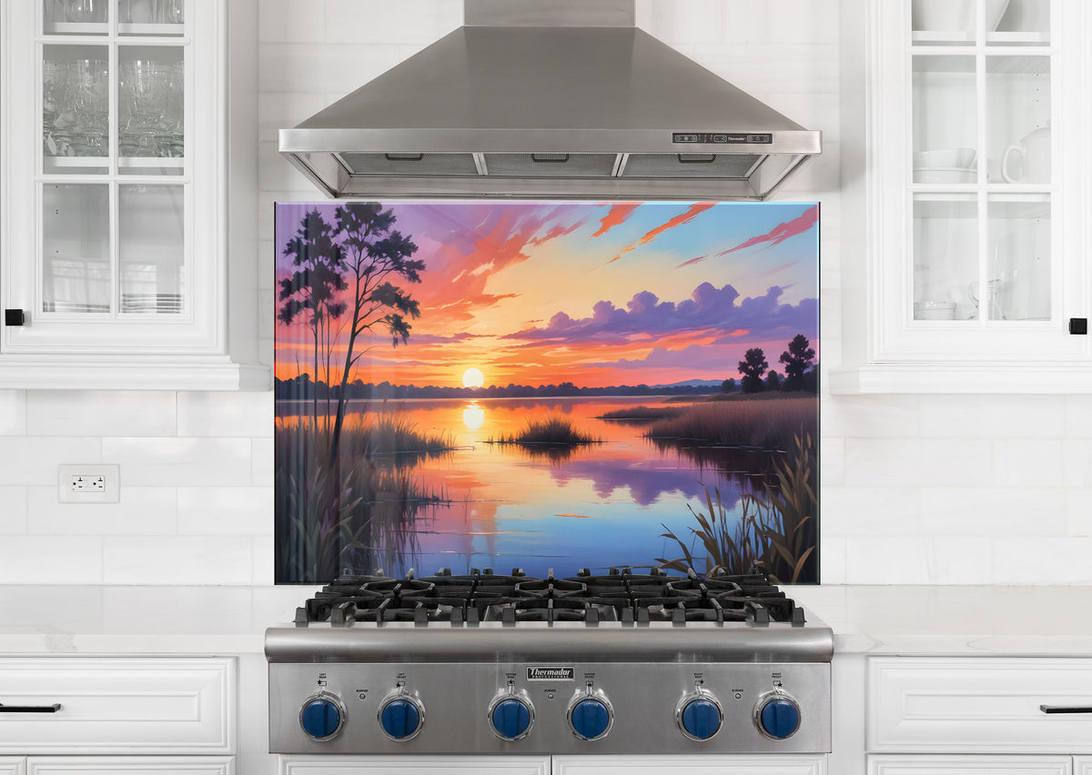 Sunset Reflections Over Serene Lake – Glass Kitchen Backsplash ...