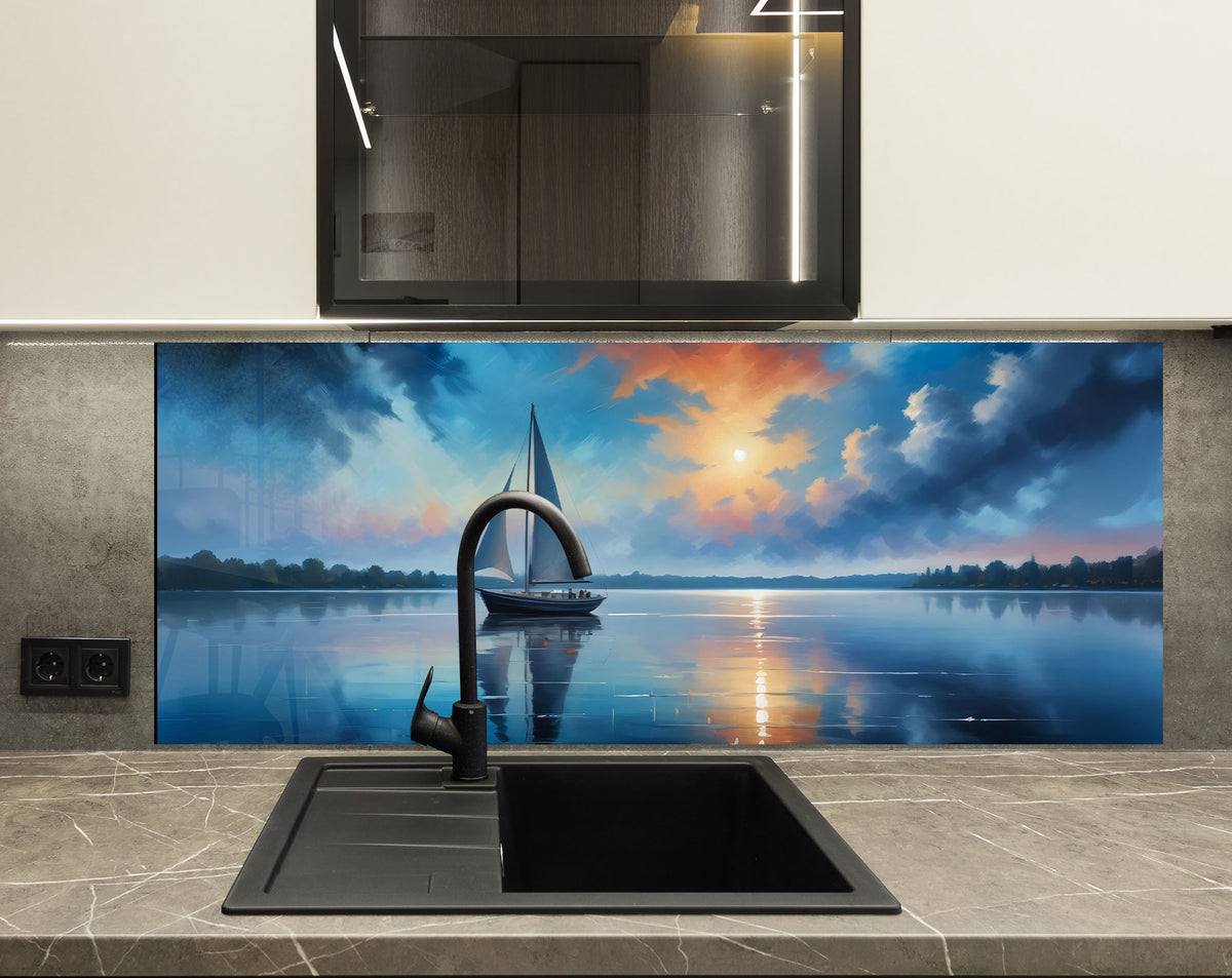 Tranquil Sailboat Journey at Sunset – Glass Kitchen Backsplash ...