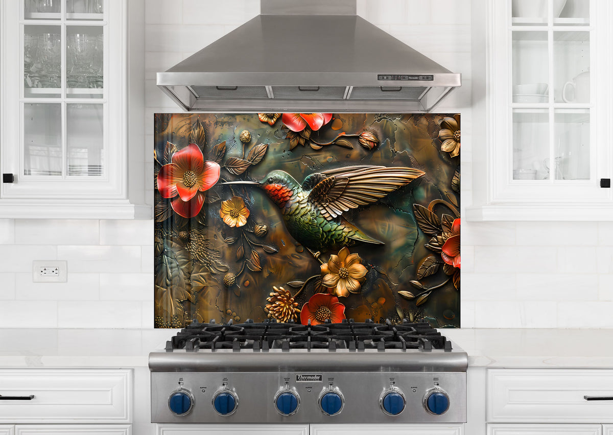Hummingbird & Flowers Glass Kitchen | Backsplash Artworks ...