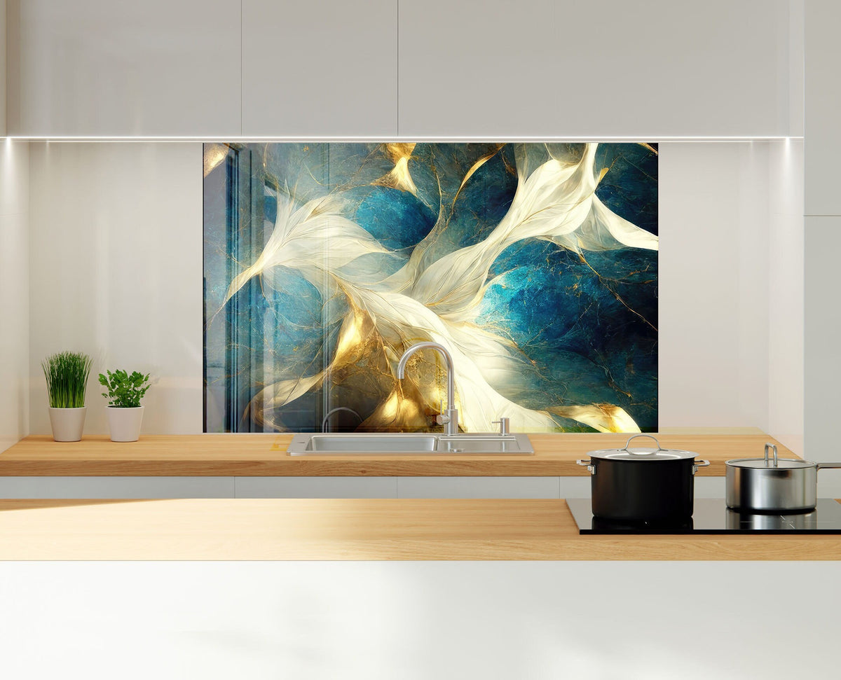Blue & Gold Abstract Waves Backsplash | Backsplash Artworks ...