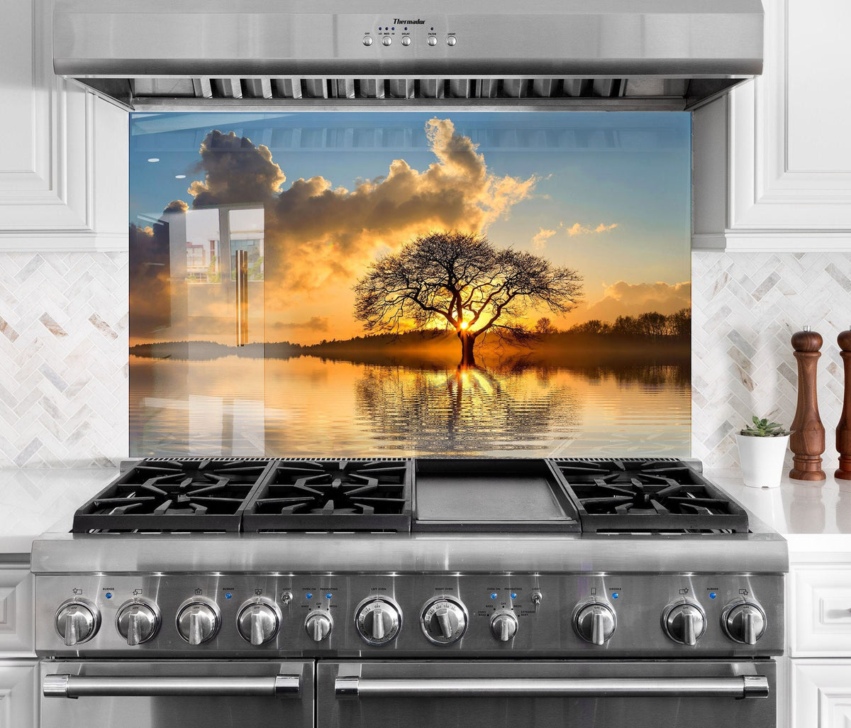 Golden Sunset Reflection Glass Kitchen | Backsplash Artworks ...