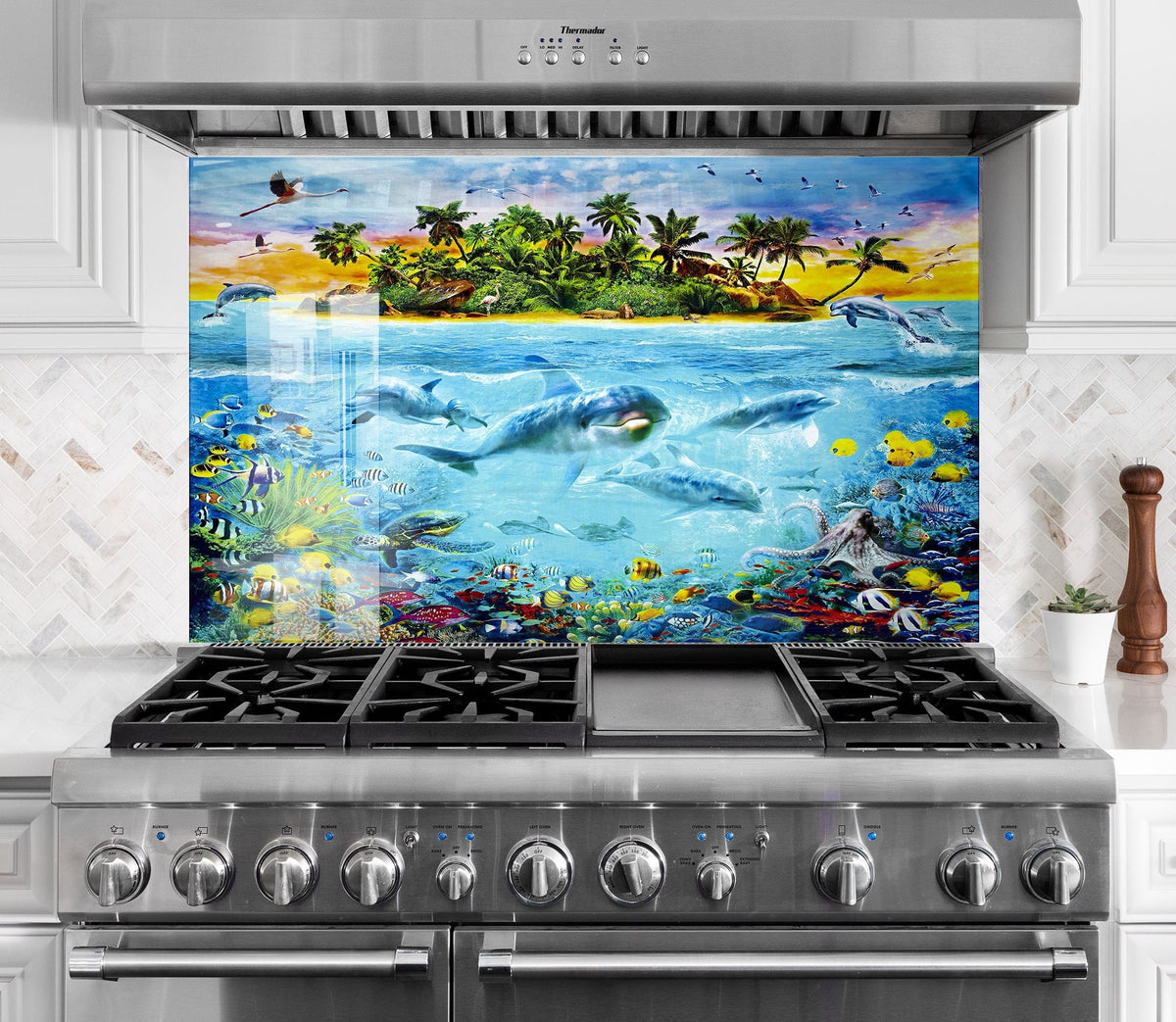 Vibrant Ocean Life Glass Kitchen Backsplash – Dolphins in Paradise Des ...