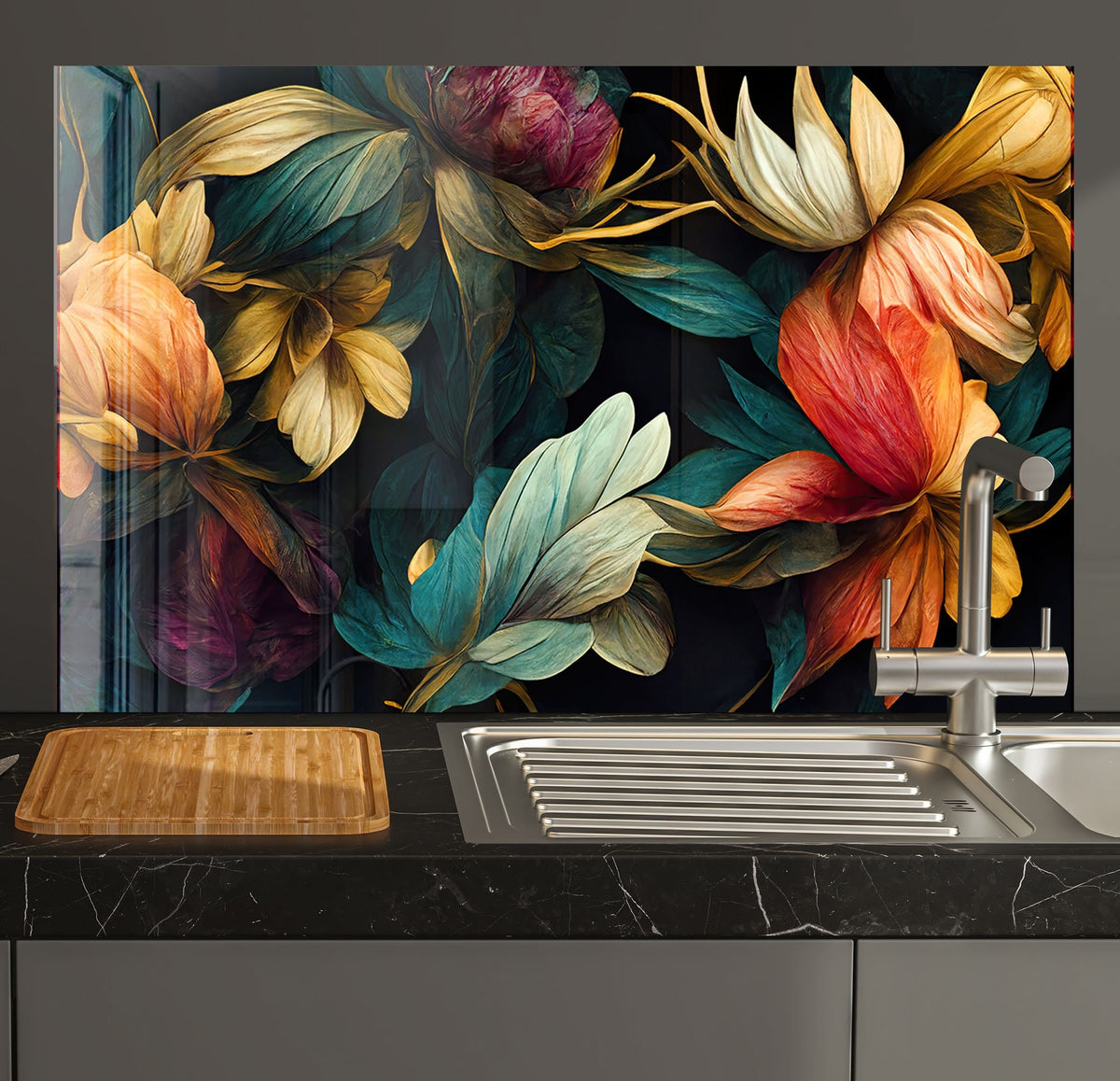 Golden Botanical Elegance Glass Kitchen | Backsplash Artworks ...