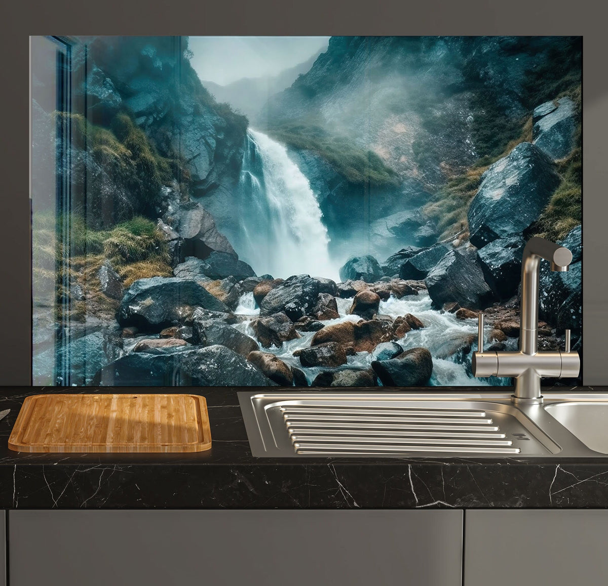 Majestic Waterfall Cascade Glass Kitchen | Backsplash Artworks ...